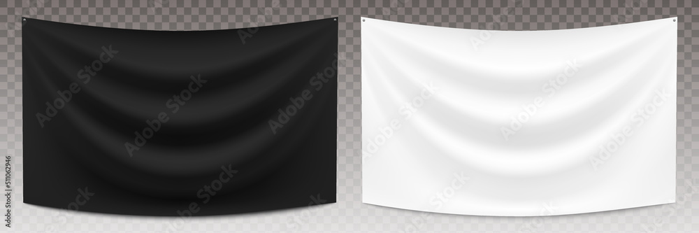 Black and white hanging fabric banners, isolated on transparent ...