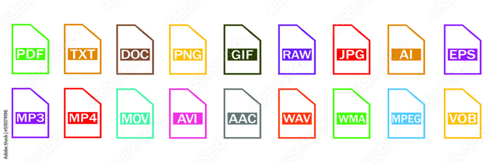 Symbol set file formats. Set of Document File Formats icons. File extensions diverse icons set ...
