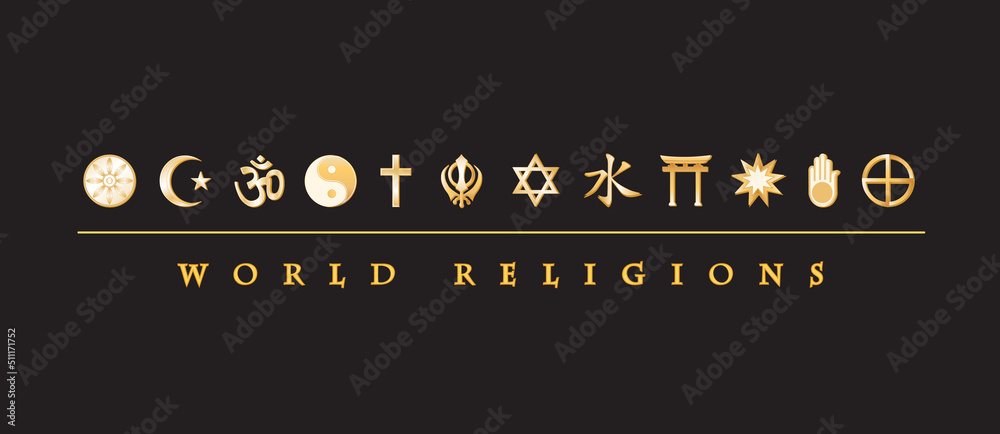 World Religions Banner, Gold Symbols, icons of 12 world faiths on black ...