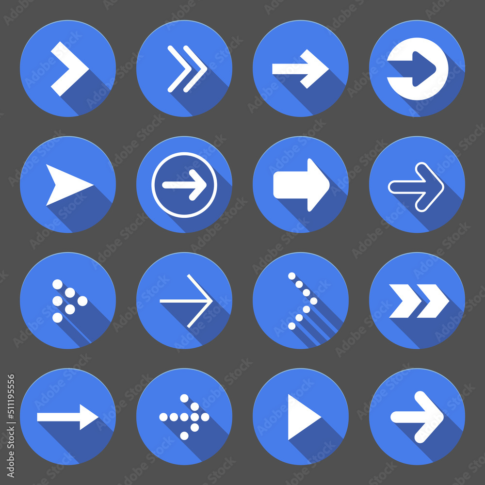 Blue round arrow pointer icons, cursor collection set, simple shape ...