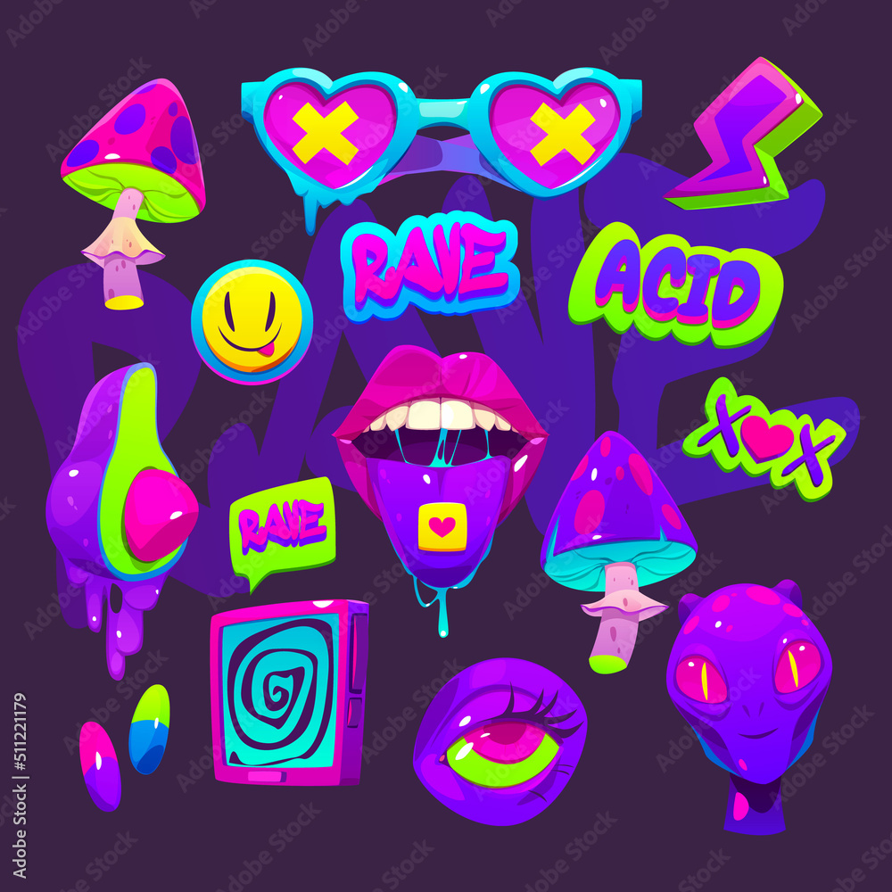 Acid stickers with aliens, mushrooms and tv. Psychedelic, rave design ...