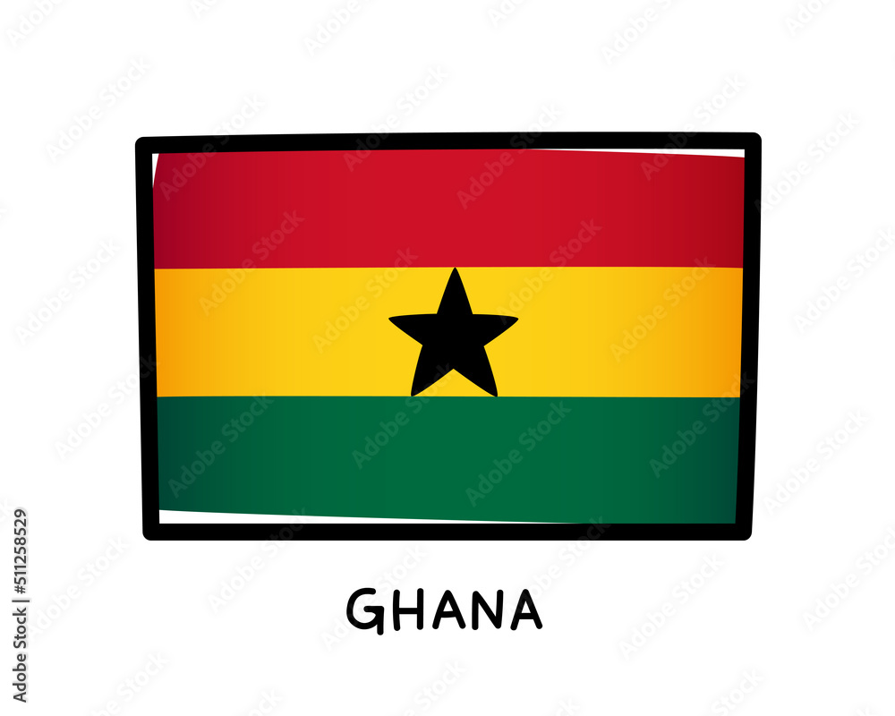 The flag of Ghana. Colorful logo of the Ghanaian flag. Red, yellow and green brush strokes drawn ...