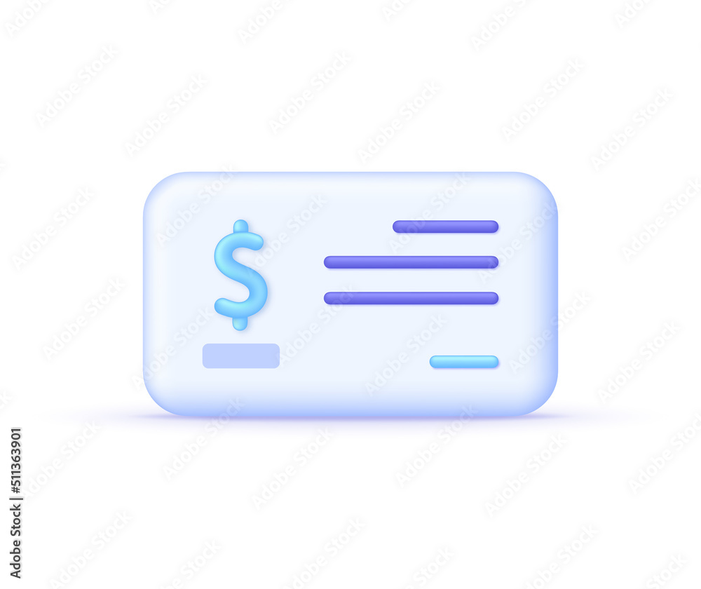 3D Bank check isolated on white background. Dollar check icon. Cheque book icon. Can be used for ...