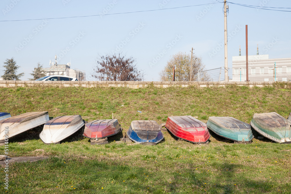 Row of Boats and ships, some fishing ships and old boats standing ...