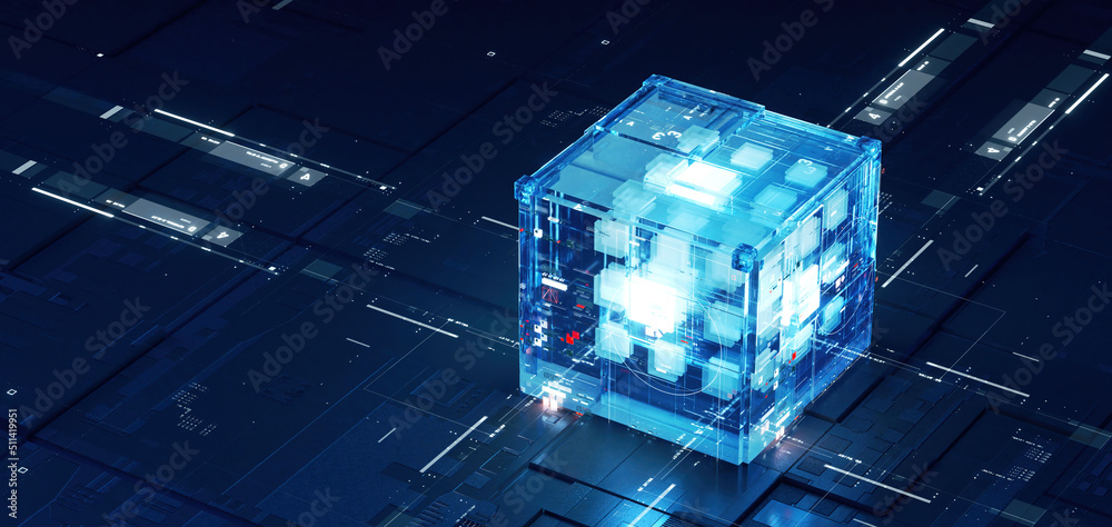 3D rendering of cyberpunk AI. Circuit board. Technology background ...