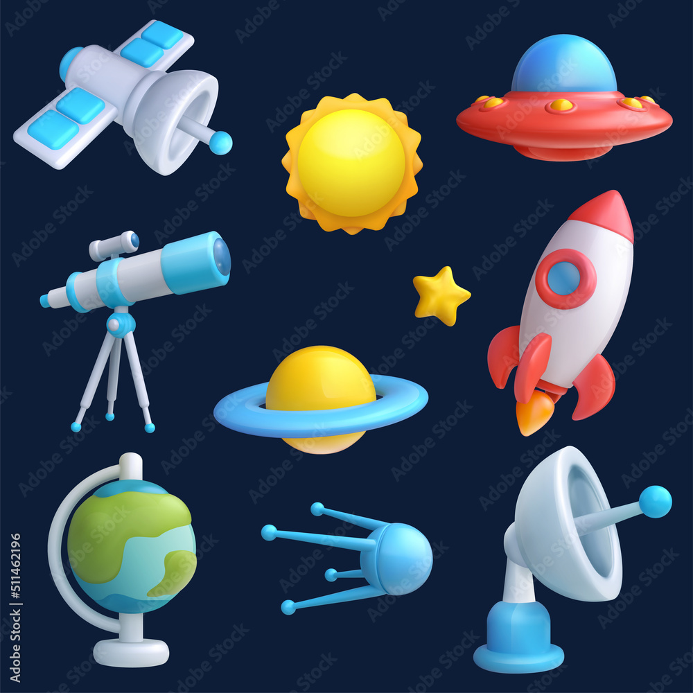 Set of 3d realistic cartoon space elements. Rocket, ufo, satellite ...