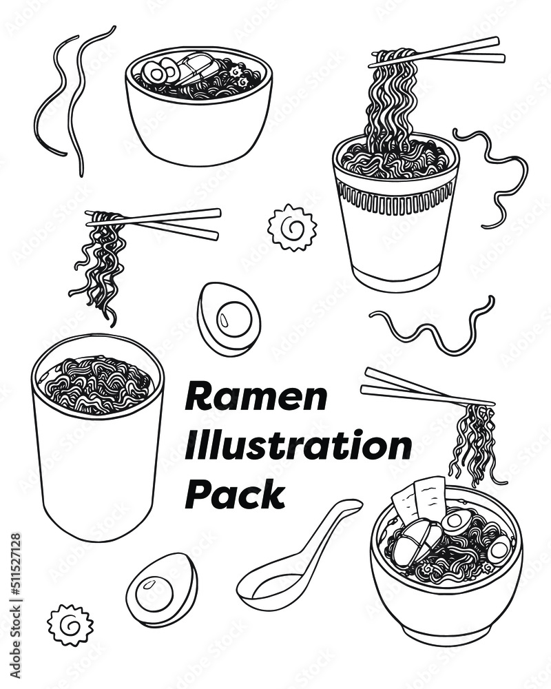 Ramen Noodles Illustration Line Art Set Stock Vector | Adobe Stock