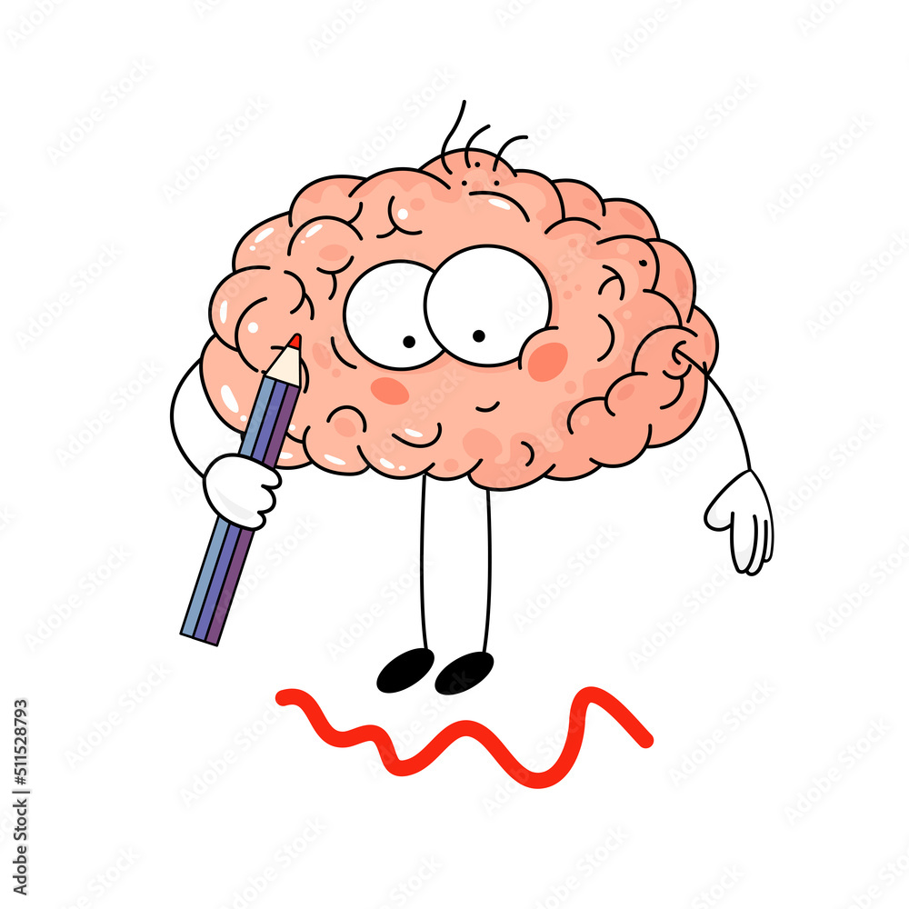 Cute cartoon brain with pencil drawing on white background. Funny ...
