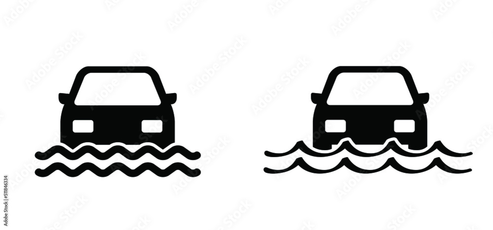 Cartoon drawing, car falls in water icon or symbol. The cars ride to ...
