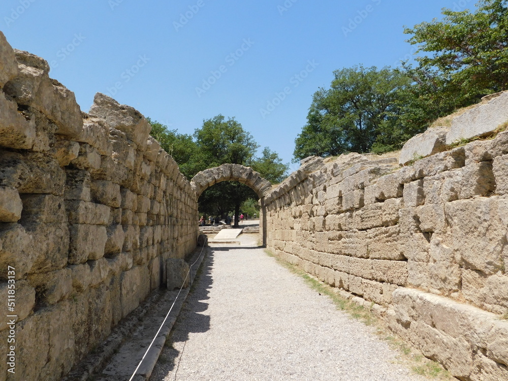 The entrance to the ancient stadium of Olympia, where the Olympic games ...
