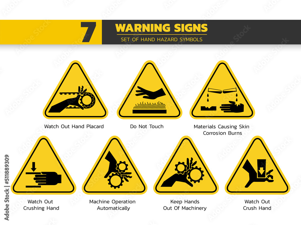 set of isolated hand hazardous symbols on yellow round triangle board ...