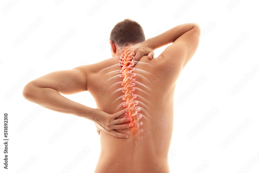 Foto de Stock Back pain, male body torso back view, human spine ...