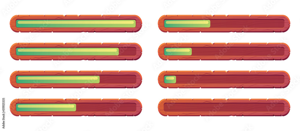 Game ui interface menu wooden load slider isolated set. Vector flat ...