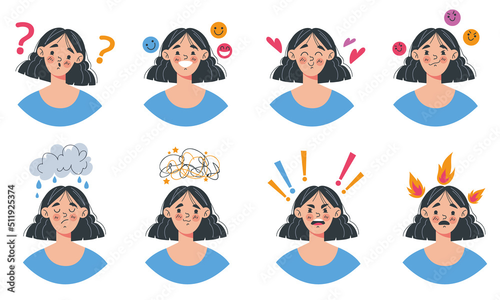 People girl woman with different emotions flat cartoon graphic design ...