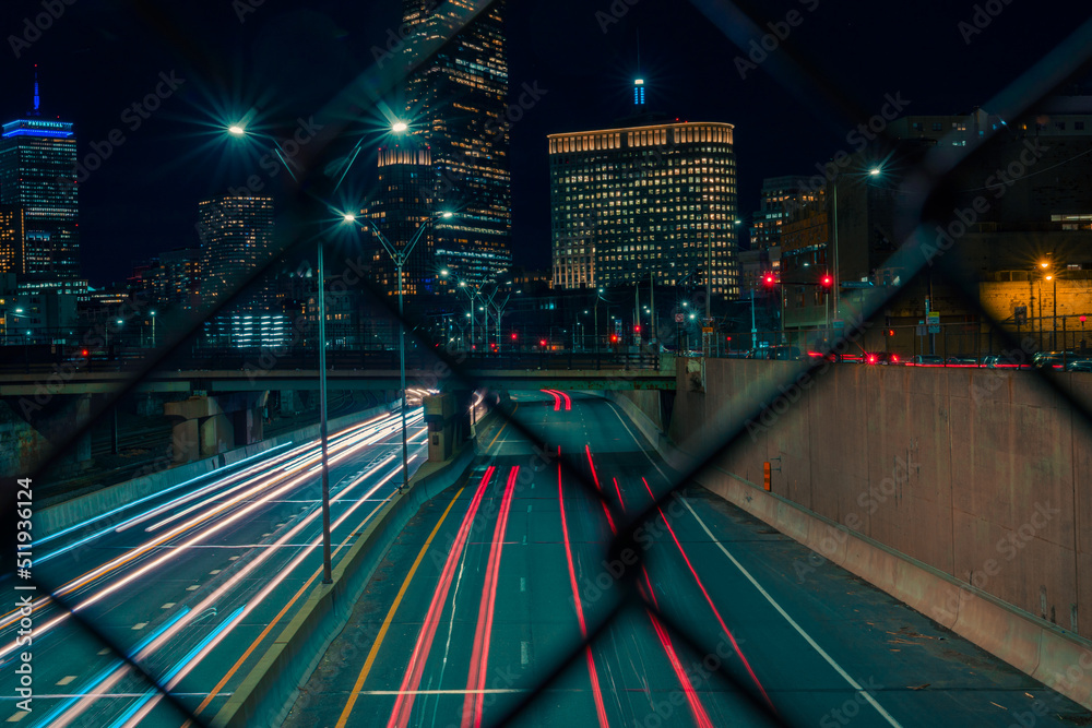 Long exposure of the Boston skyline and Interstate 90 light trails with ...