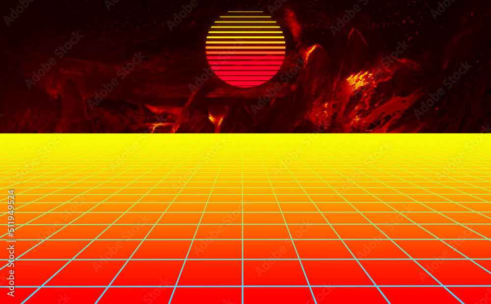 Futuristic neon landscape 1980s style. Retro abstract RPG gaming ...