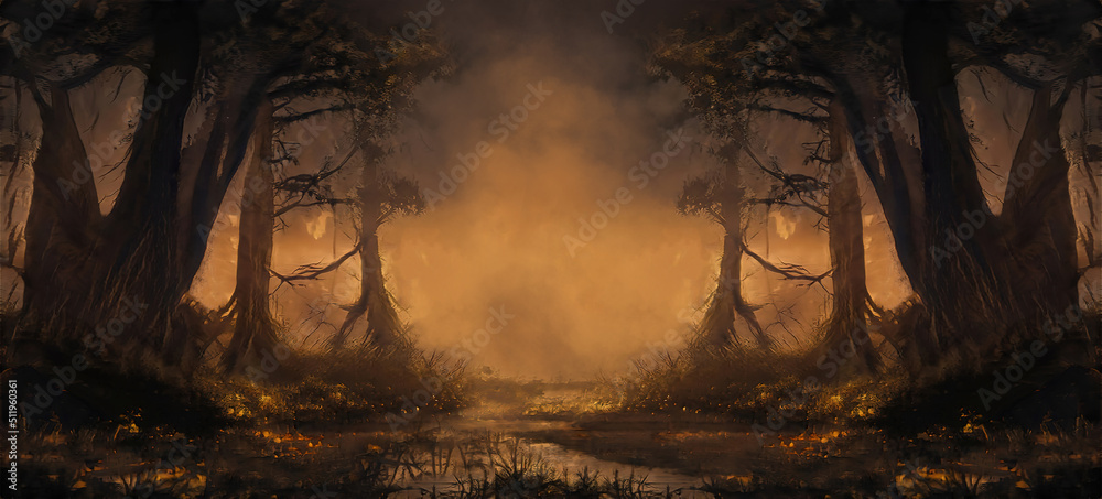 Dark fantasy forest. River in the forest with stones on the shore ...