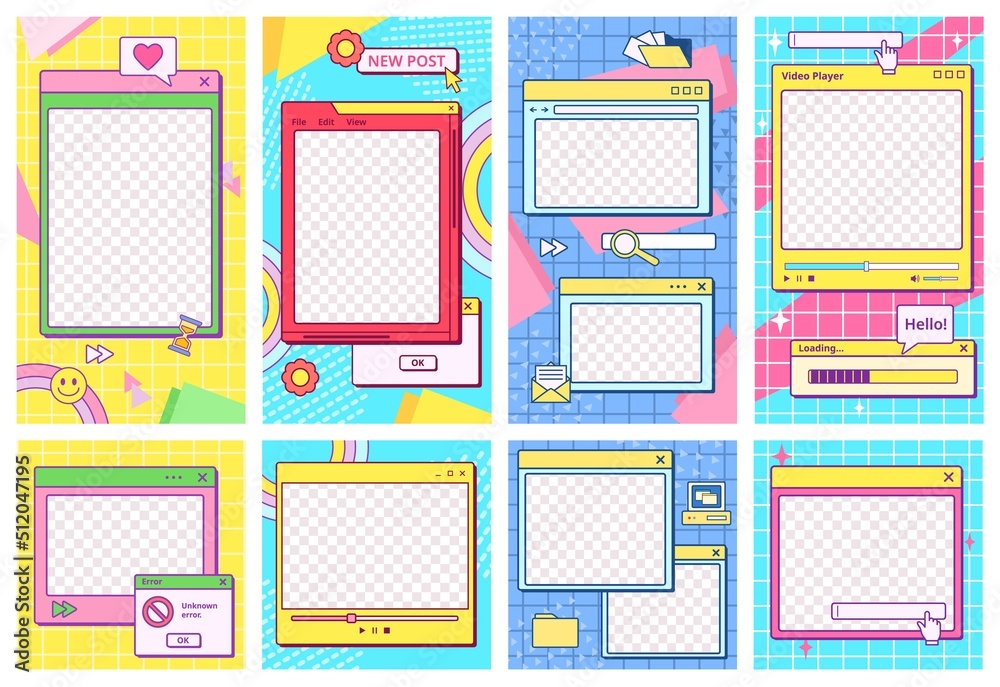 Retro UI post template. Cool 90s aesthetic social media stories frames, app window with groovy ...