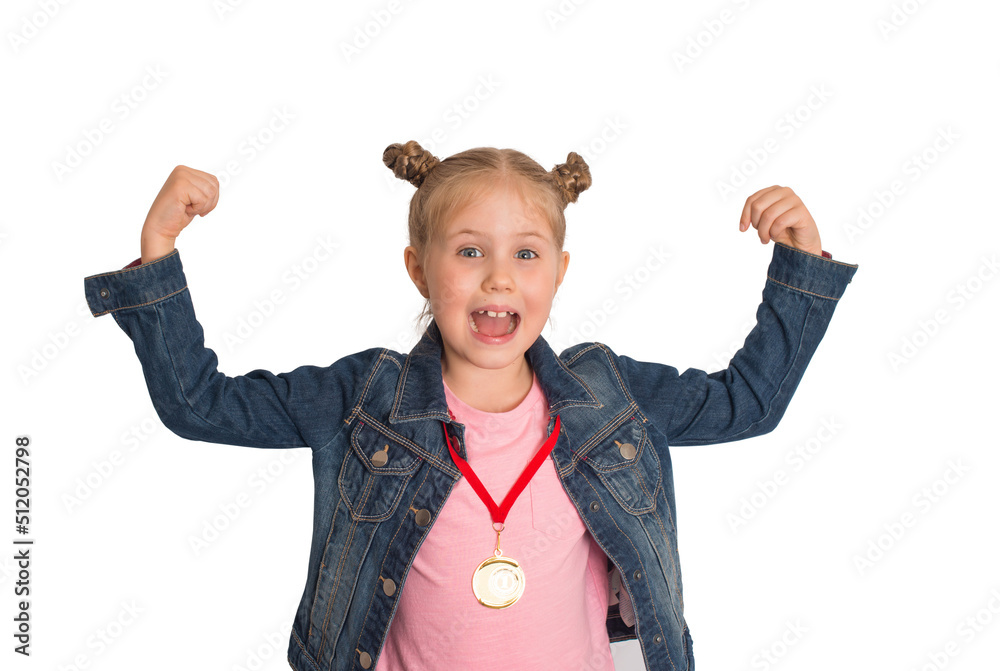 Happy child with medal. Little girl showing strength gesture isolated ...