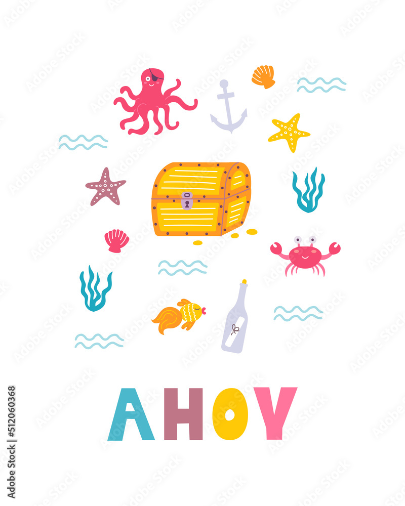 Funny childrens pirate print. A treasure chest, sea dwellers, with hand ...