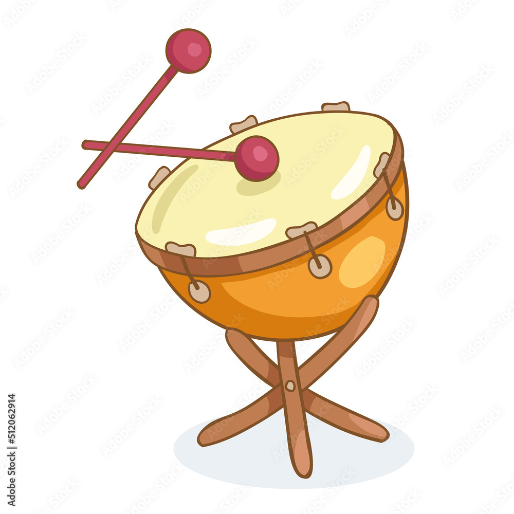 Percussion musical instrument - timpani. In cartoon style. Isolated on ...