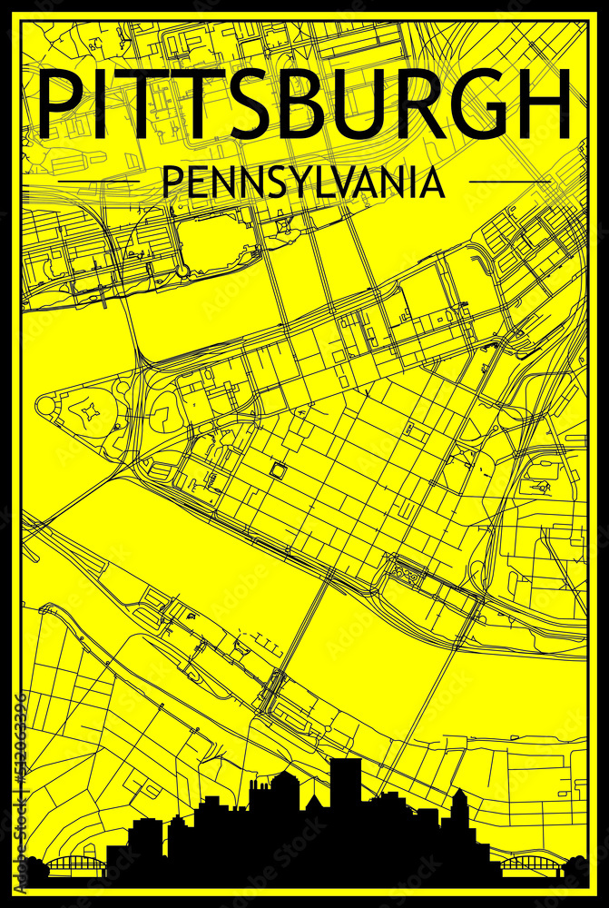 Golden printout city poster with panoramic skyline and hand-drawn ...
