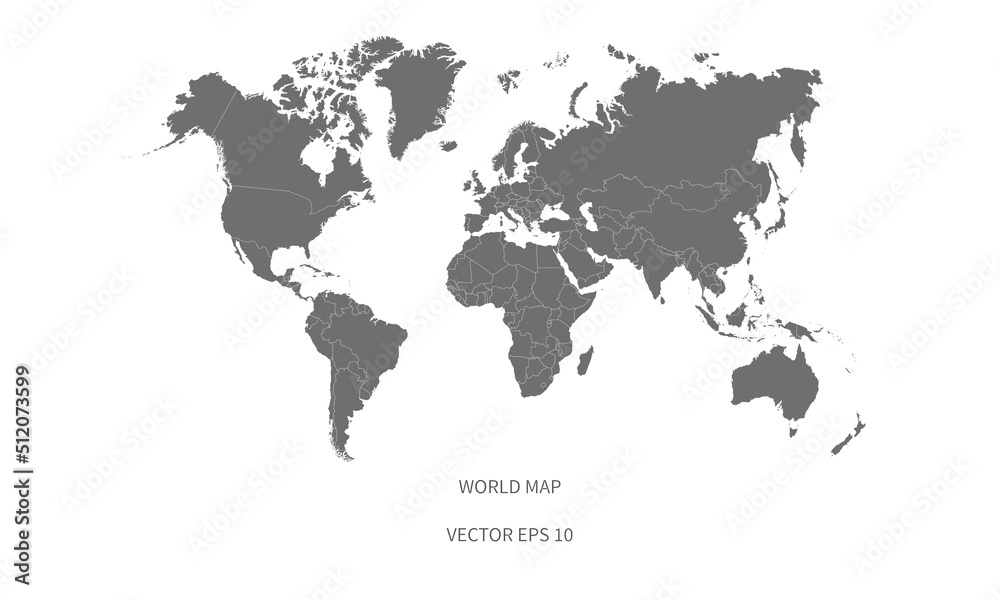 Detailed world map with borders of states. Isolated world map. Isolated ...