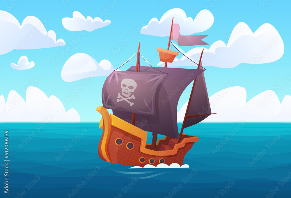 Fantasy adventure of wooden ship with pirate flag in sea harbor vector ...
