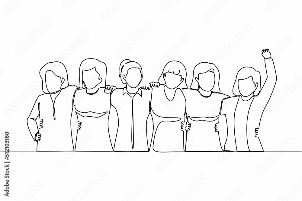 Continuous one line drawing group of women are hugging. Female together ...