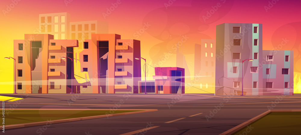 Destroyed city street with broken houses, fire and smoke. Vector ...