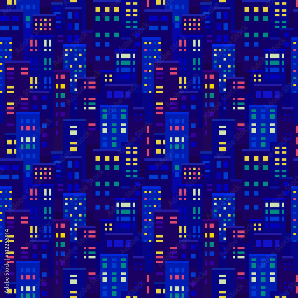 Pixel art city at night. Skyscraper texture seamless tile backdrop ...