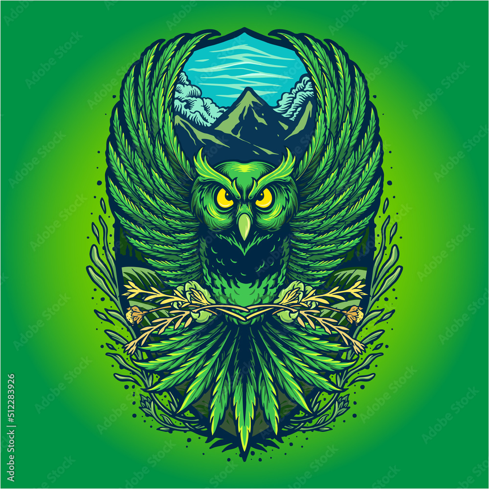 Owl flying with weed leaves mountain forest logo Vector illustrations ...
