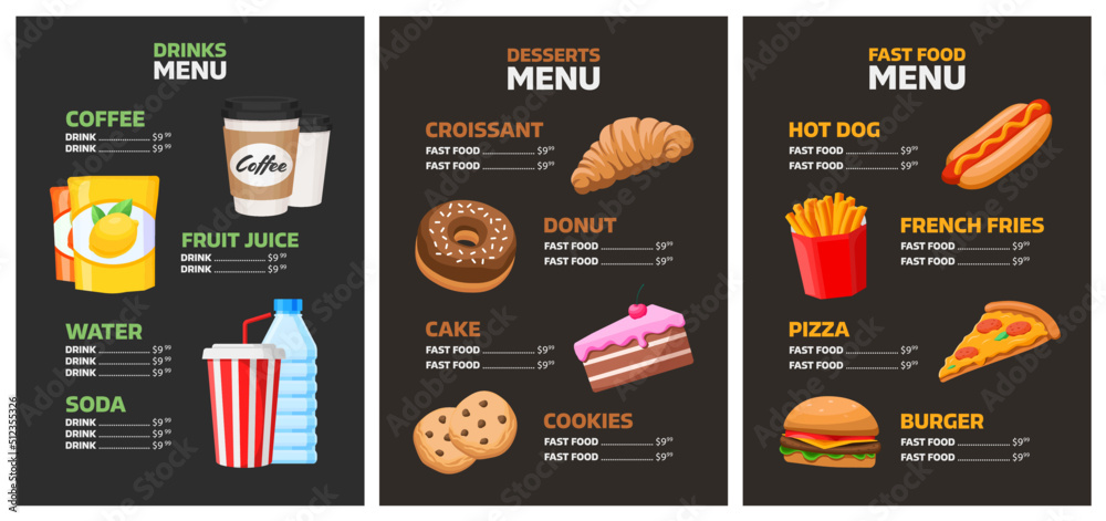 Fast food restaurant vector menu template on black background. Set of ...