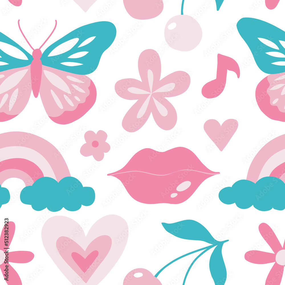 Cute 00s and 90s doodle seamless pattern. Retro glamorous girl style ...