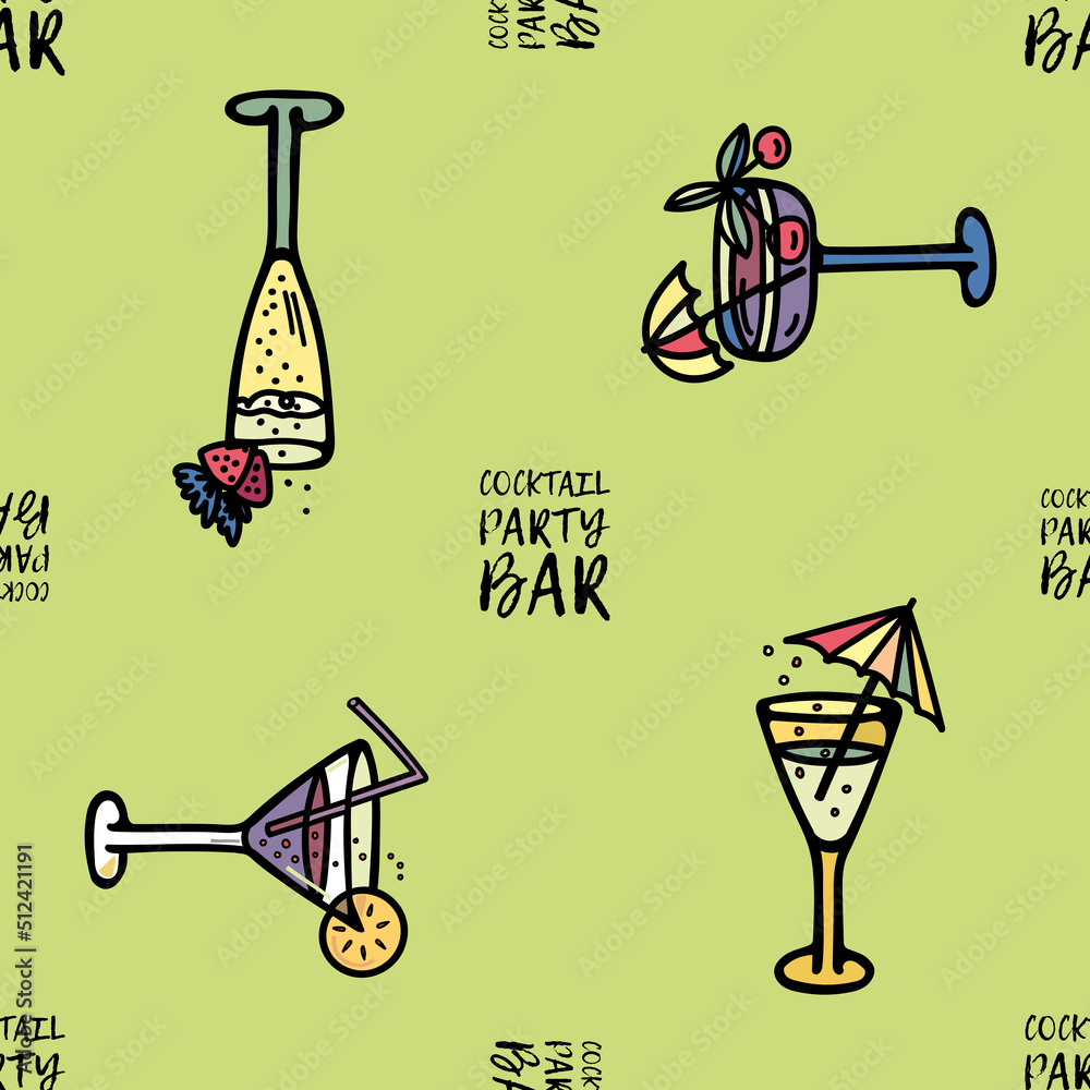 Pattern with cocktails with lettering Cocktail party bar. Drinks with ...