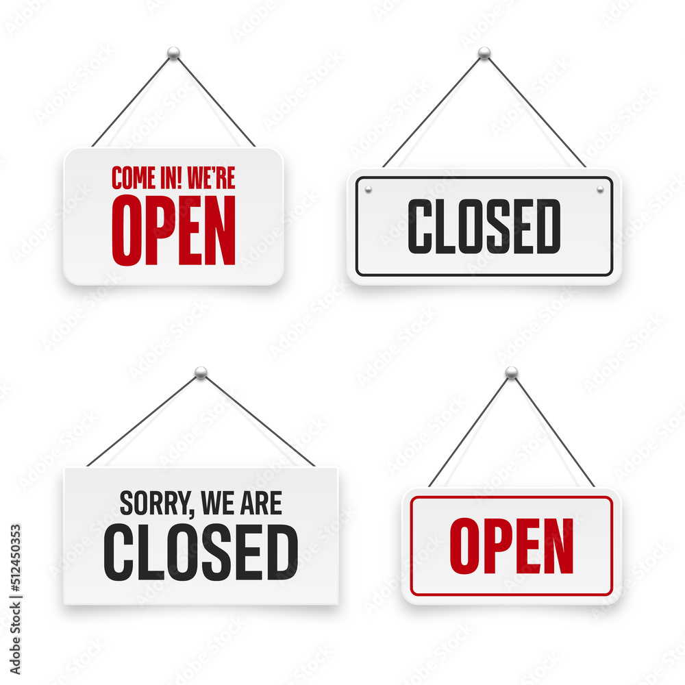 Realistic open or closed hanging signboards. Vintage door sign for cafe ...