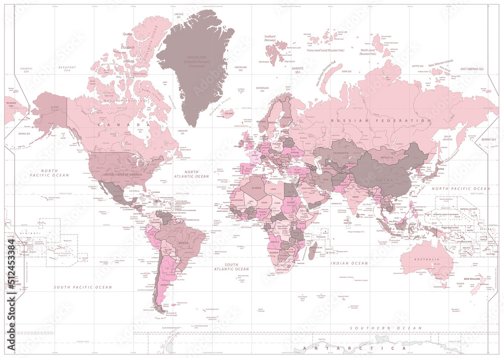 Pink world map with names of countries and their capitals 스톡 벡터 | Adobe ...