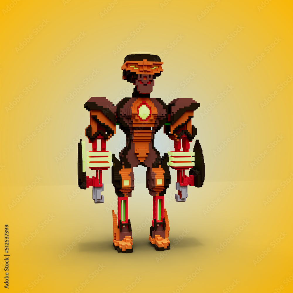 3D rendering of a war robot using a brown, red and yelow color scheme ...