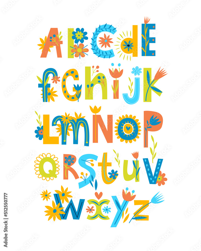 Print. Funny english alphabet. Bright floral lettering. Typographic ...