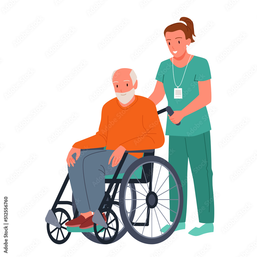 Nurse carrying wheelchair with sitting old patient vector illustration ...