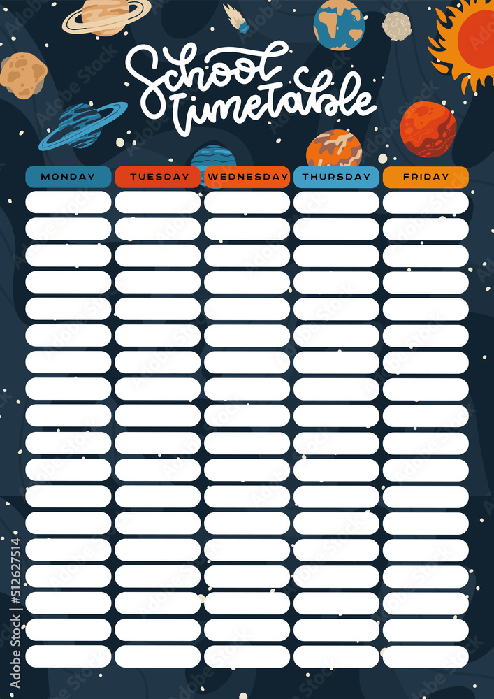 School timetable sheet template. Childish printable galaxy weekly ...