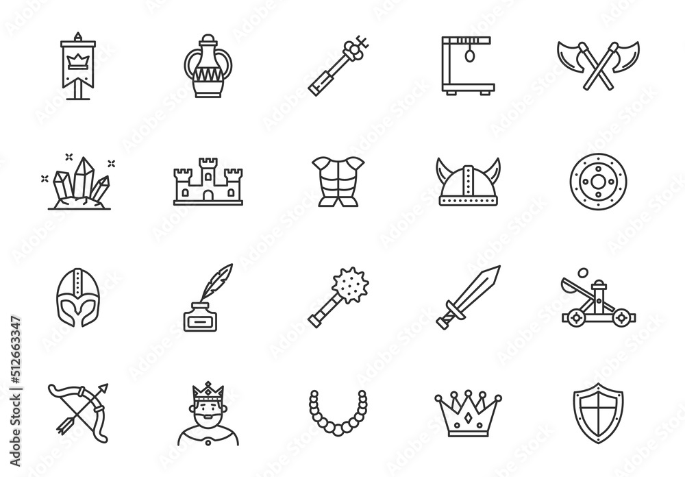 Medieval vector line icon set. Knight castle king battle throne icons ...