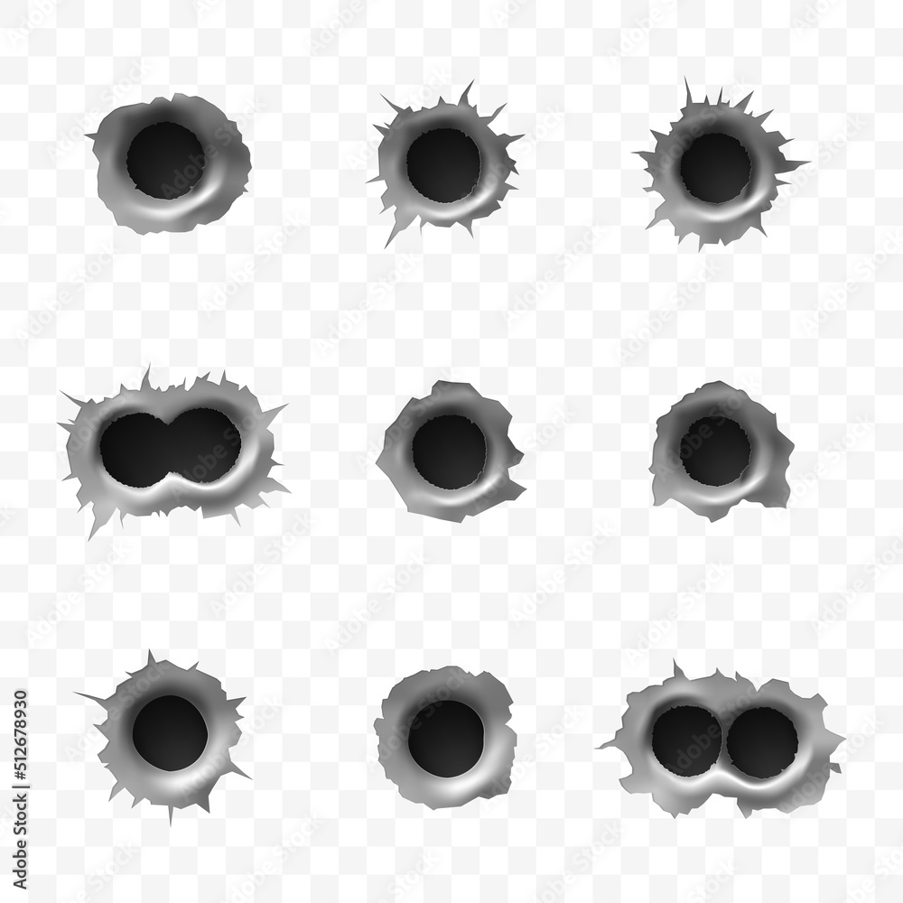 Realistic bullet holes isolated on transparent background. Collection ...