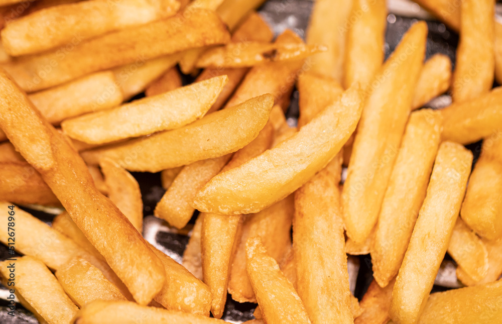 Batata frita em fotografia macro. Visão de cima. Comida rápida, batata ...