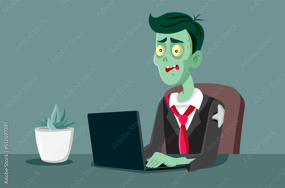 Zombie Office Worker Typing on a Computer Vector Cartoon. Tired ...