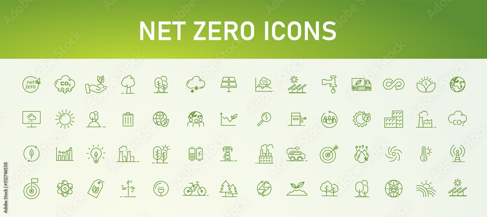 NET ZERO banner icons, carbon neutral and net zero concept. natural ...