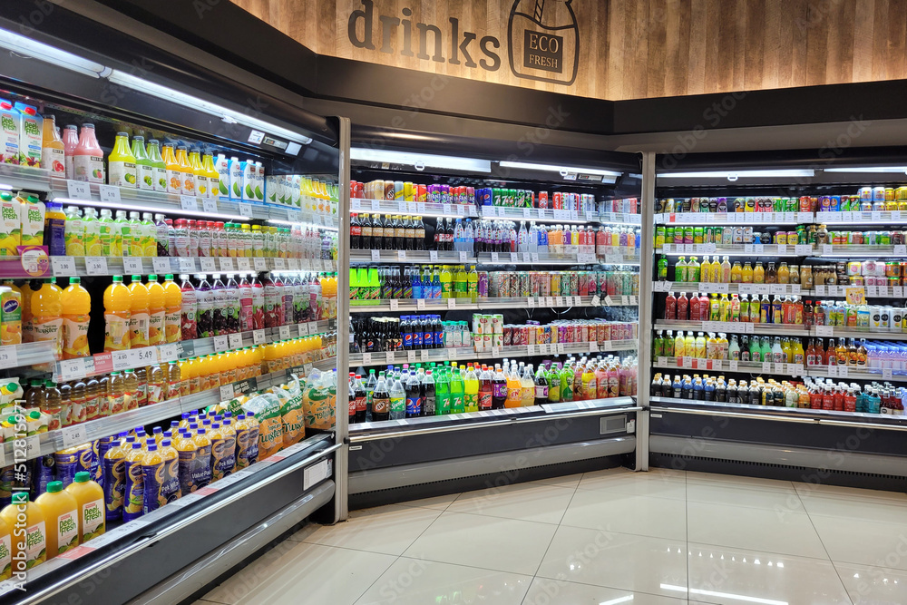 Bangsar, Malaysia - 20 June 2022: View of the huge fridge with various ...