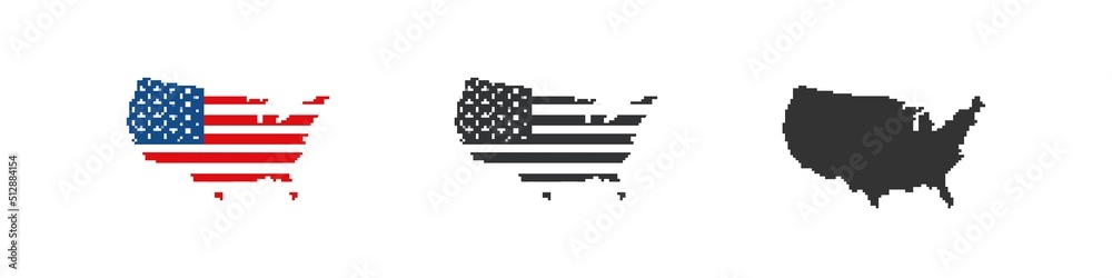 Pixel map and flag USA. 8-bit United States of America patriotic ...