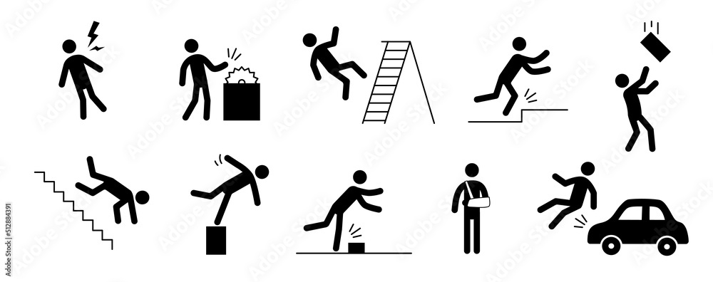 Accident pictogram man icon. Work safety, injury caution, hazard ...