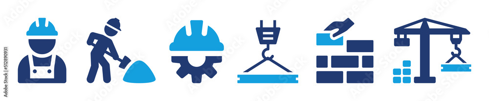 Construction icon vector set. Worker build brick wall symbol ...